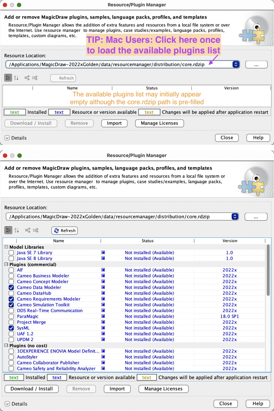 MagicDraw/Cameo: 2022xGolden: TIP/GOTCHA: Mac: HOWTO Load the available plugins in the Resource ...
